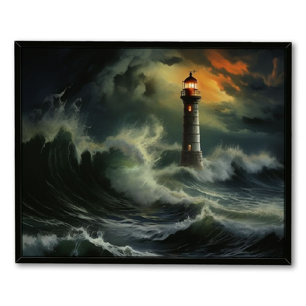 C04-GENYS Lighthouse in a storm, black and white, tsunami waves, framed ...