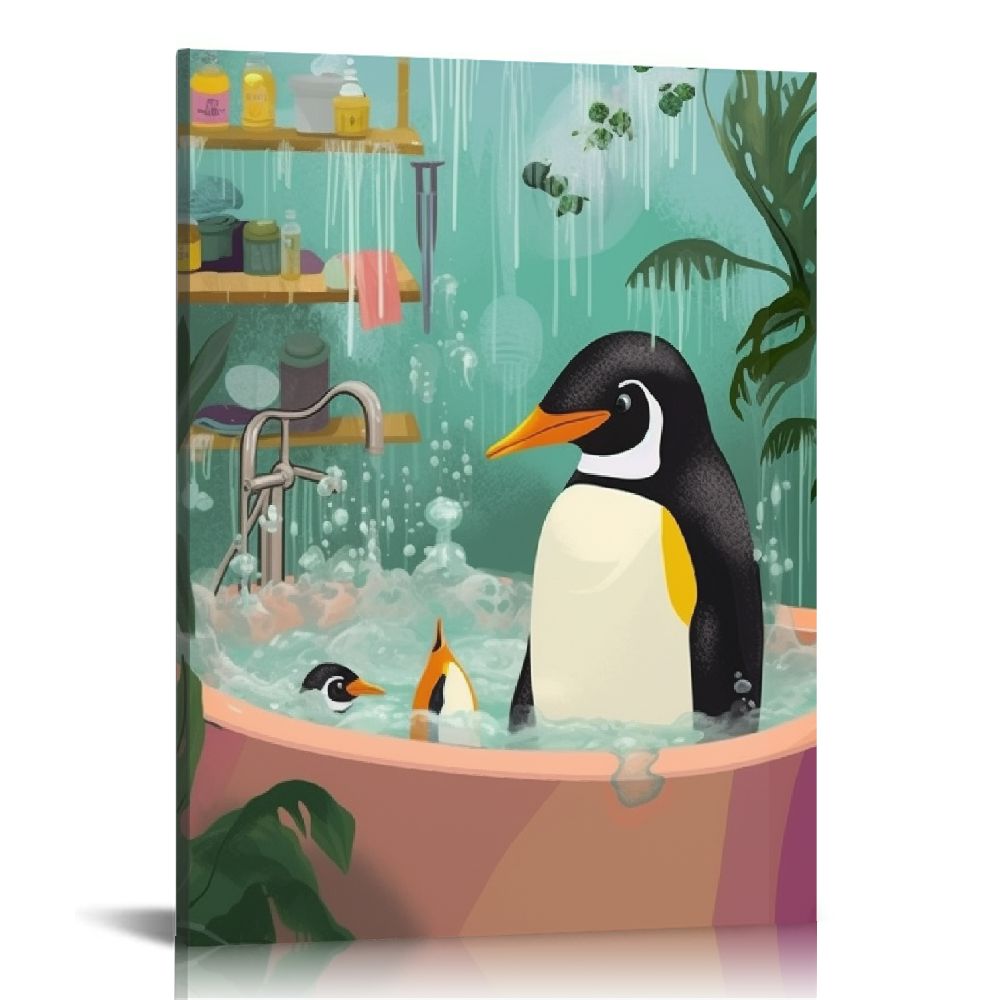 C04-GENYS Penguins in Bathtub Canvas Poster Painting Bathroom Wall Art ...