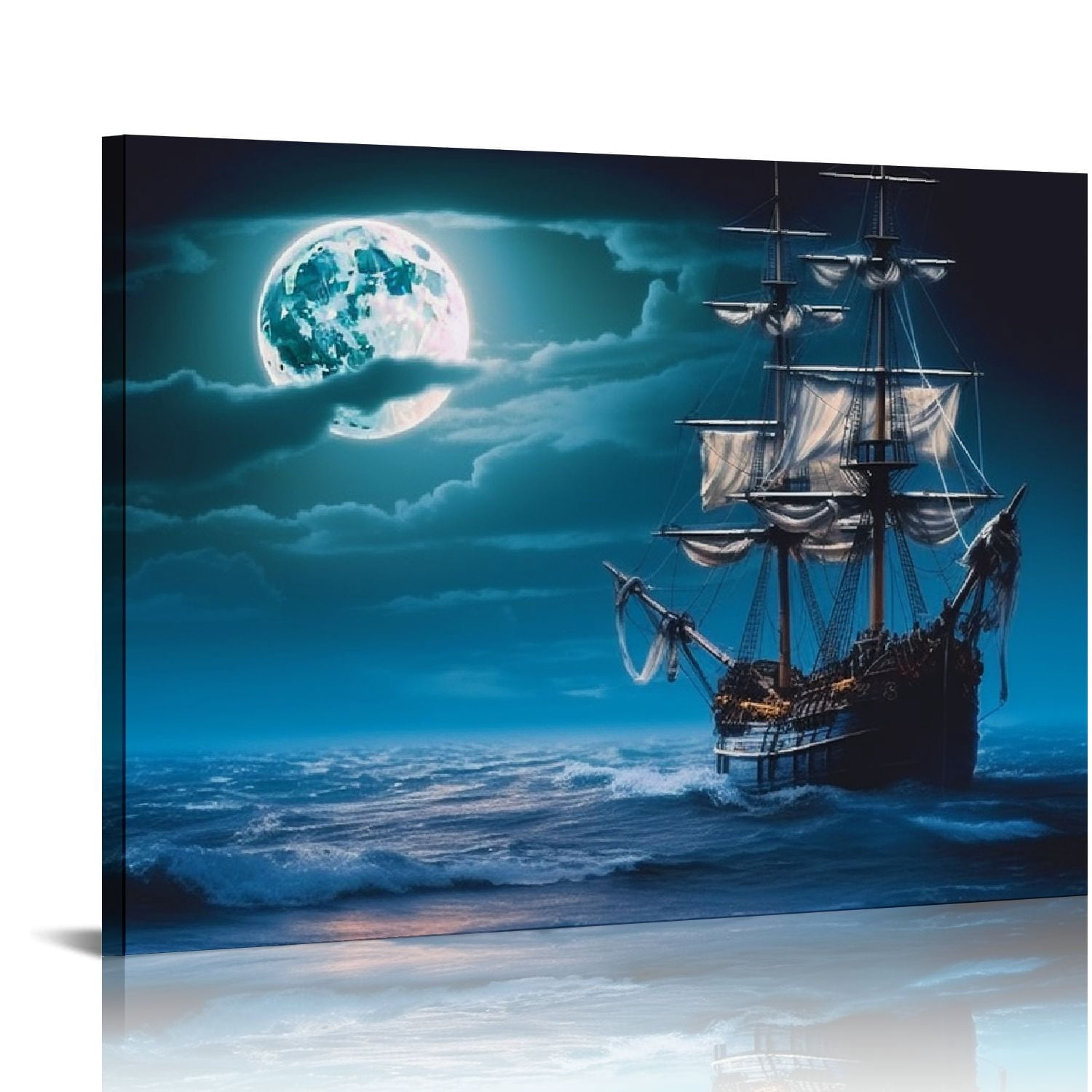 C04-GENYS Pirate Ship and Moon on Blue Sea Poster Decorative Painting ...