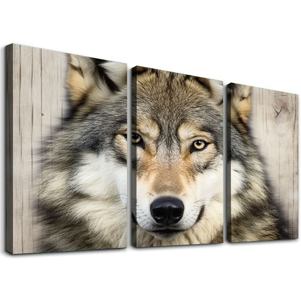 C04-GENYS Wolf Wooden Wall Art Rustic: Framed Wild Beige Animal ...