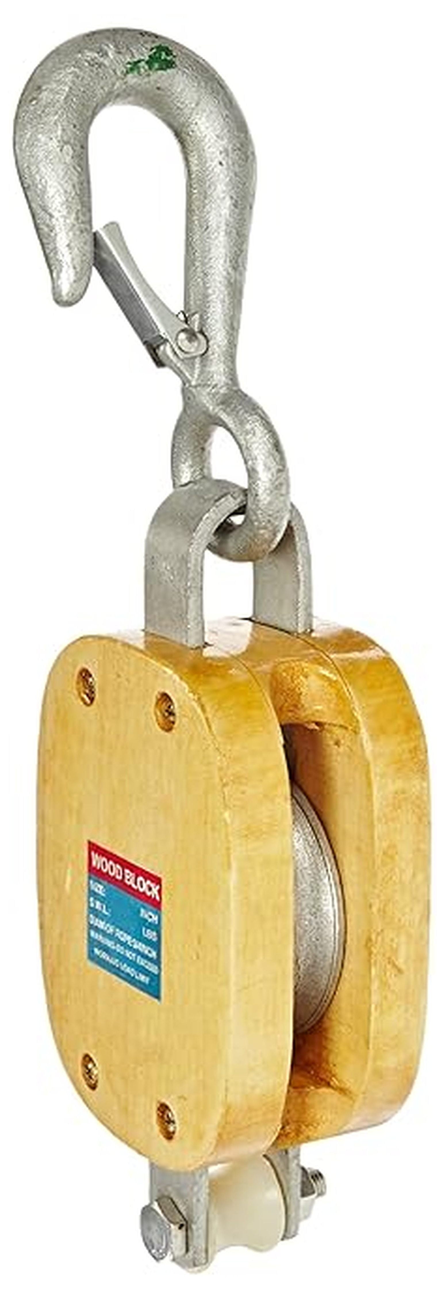 C0616900086 6" Single Wood Manila Rope Block with Hook, 3/4" Rope, 3 1/ ...