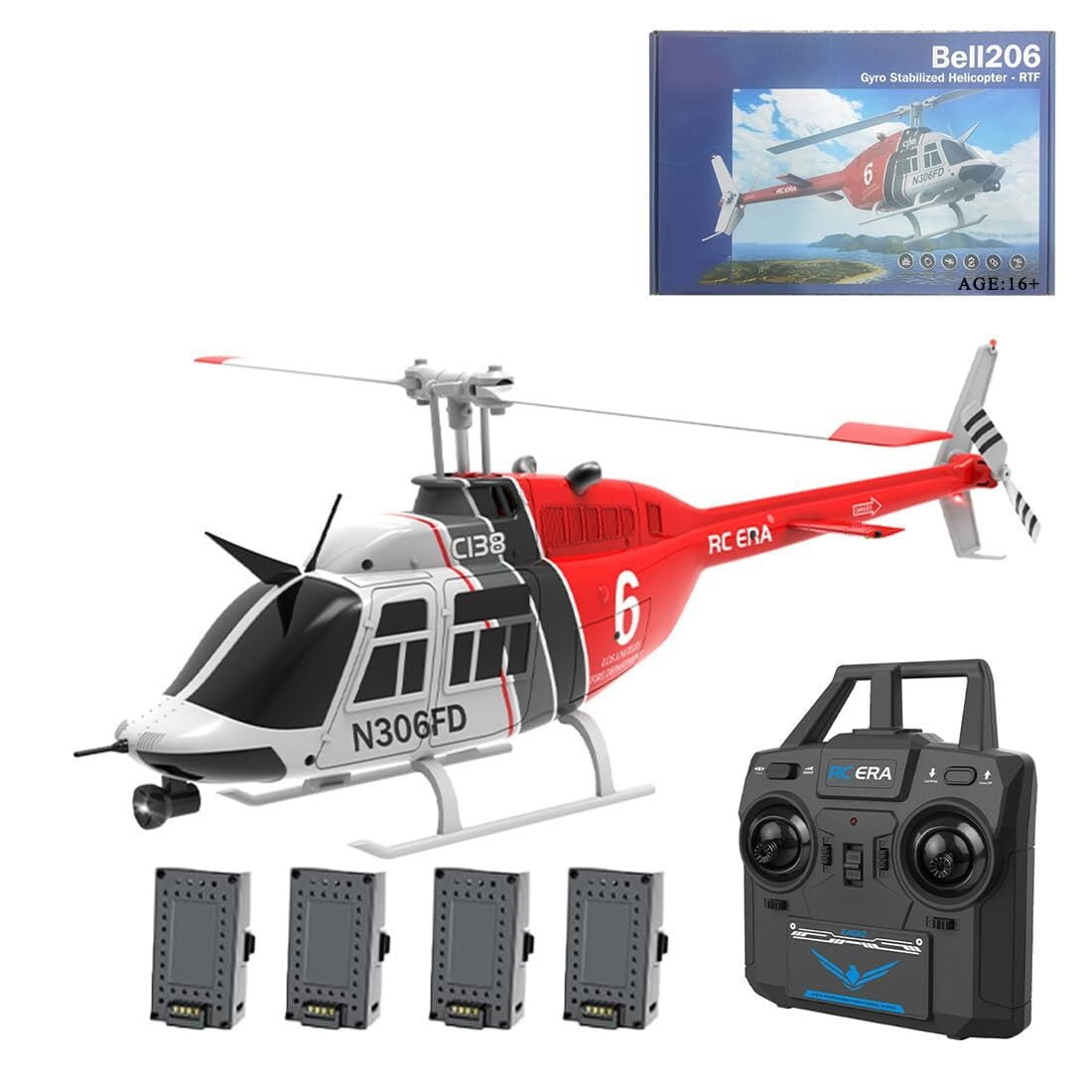 C138 Bell206 RC Helicopter, 1:33 Scale, 2.4G 6CH RTF Single Propeller ...