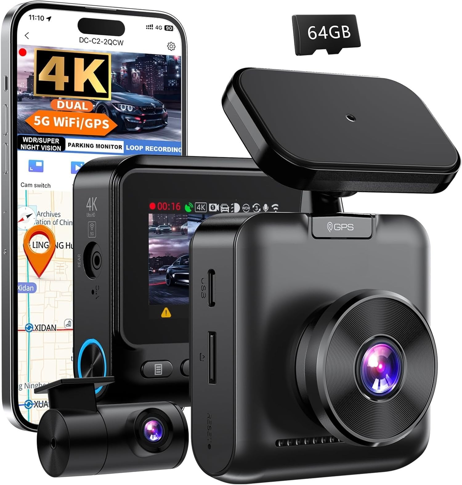 C2 4K Dual Dash Cam Front and Rear - Built-in GPS and 5G WiFi, 64GB ...