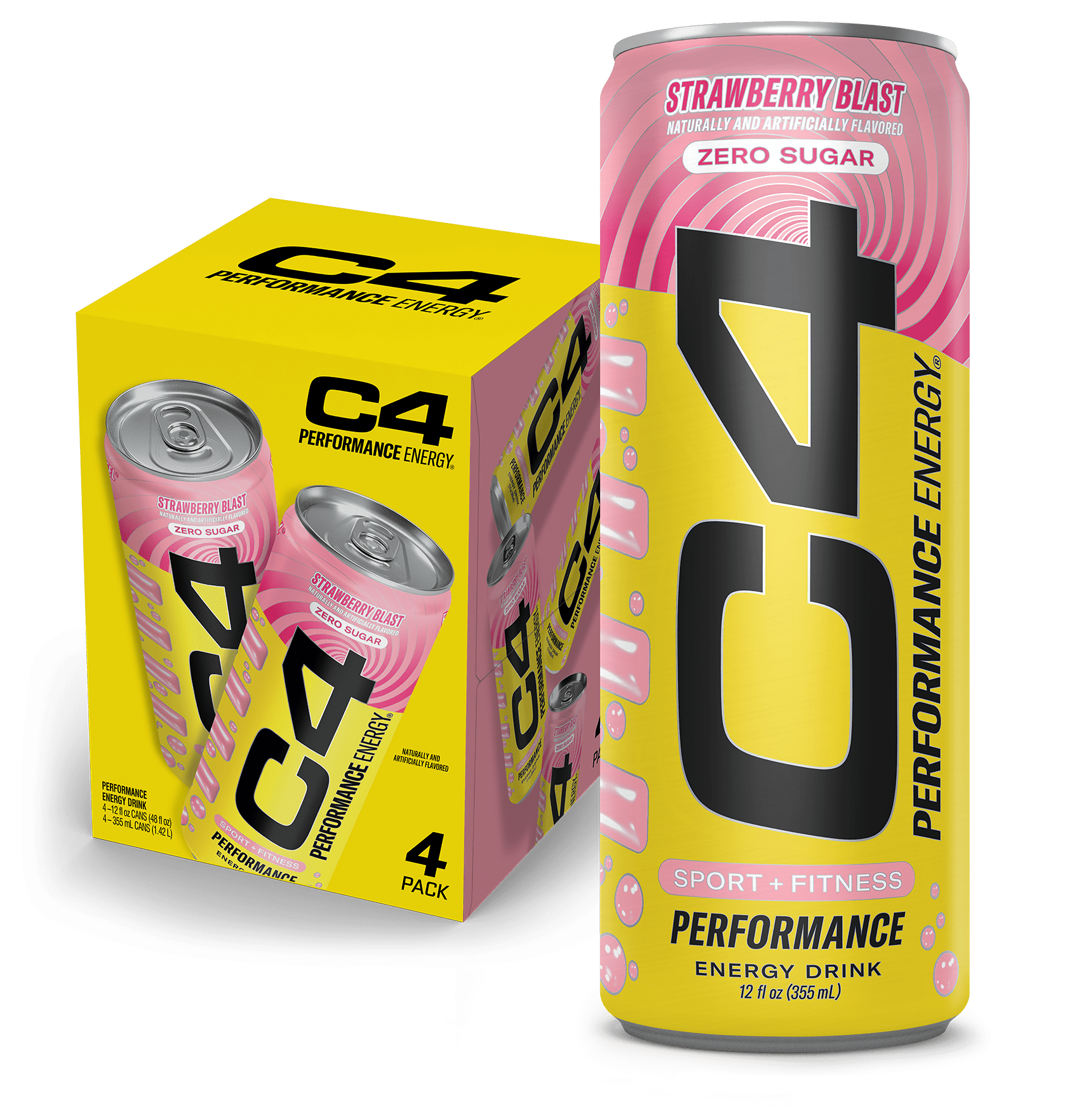 C4 Performance Energy Drink, Strawberry Blast, 12oz, 4 Pack Cans ...
