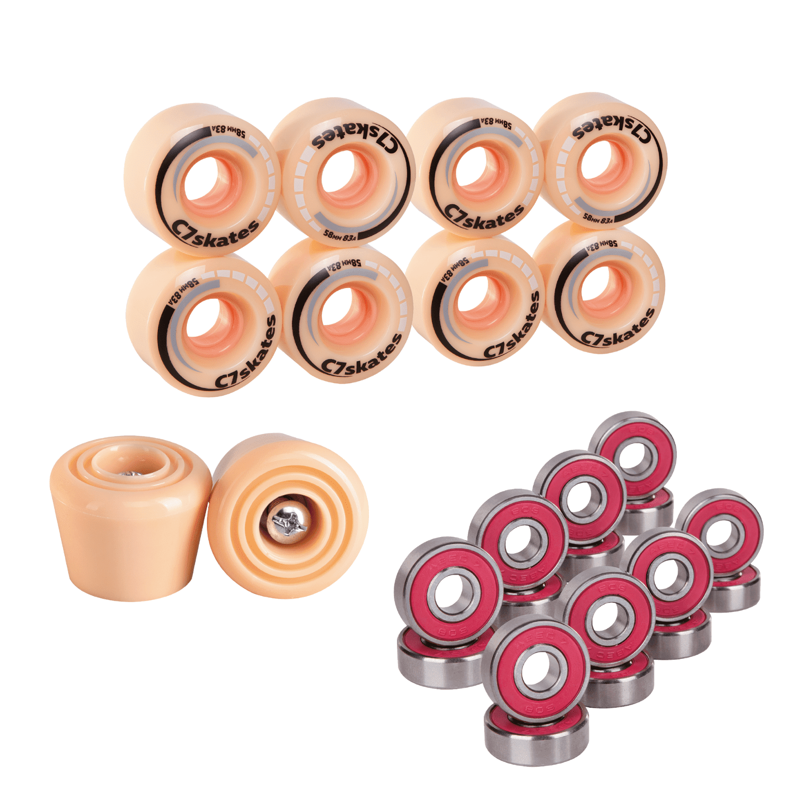 C7skates Roller Skate Wheels, Stoppers, Bearings Bundle - Peachy Keen ...
