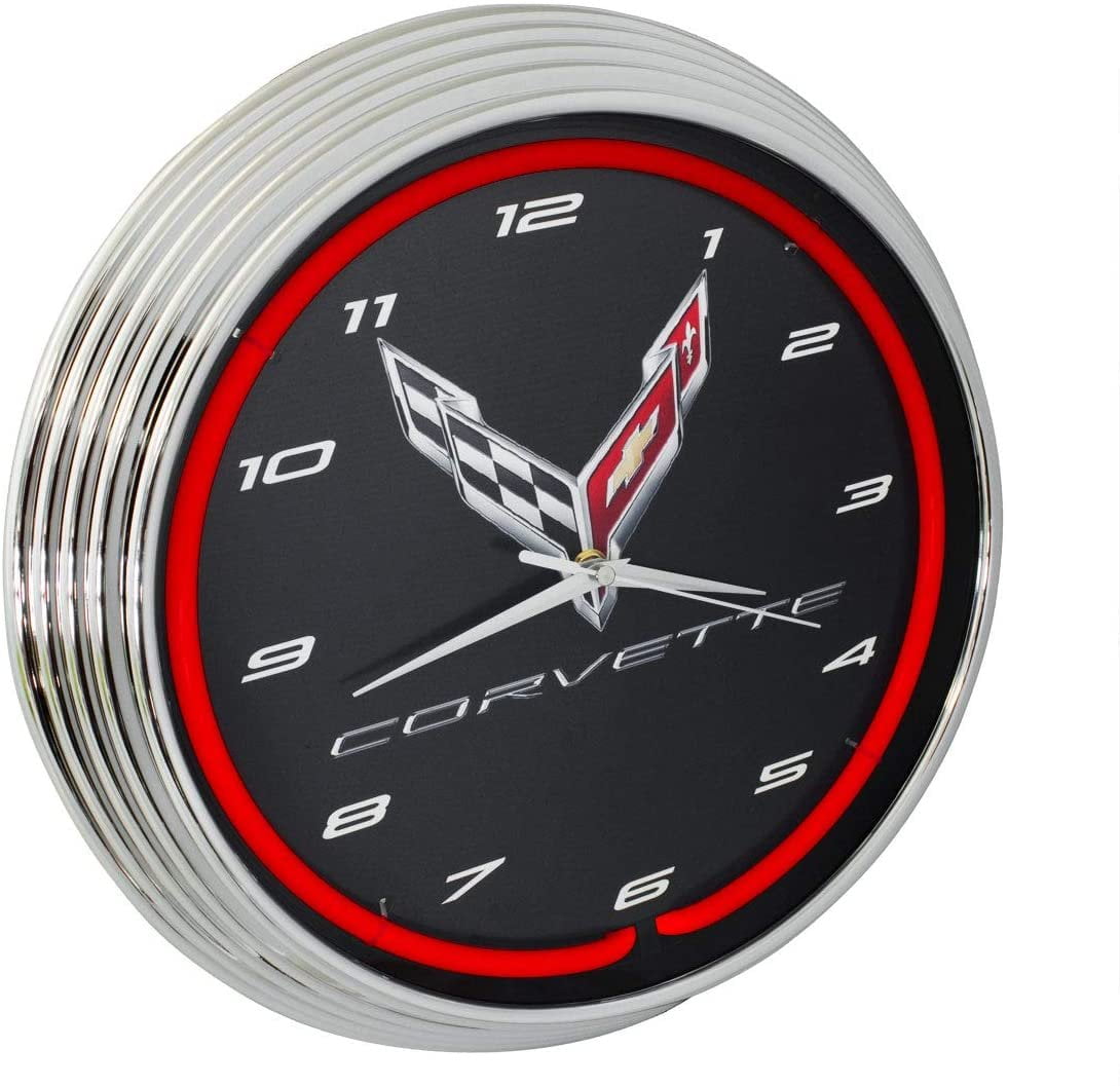 C8 Corvette Clock - 15" Neon Wall Clock with C8 Crossed Flags Logo ...