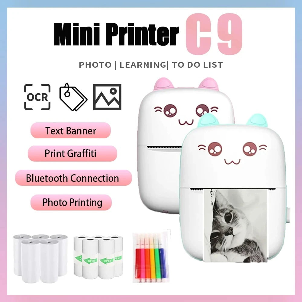 C9 Portable Mini Bluetooth WiFi Inkless Black White Printer Mobile ...