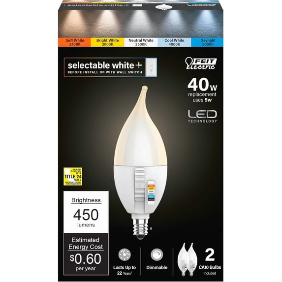 CA10 LED Candle Bulb Flame Tip, 40W Equivalent, Dimmable, Color ...