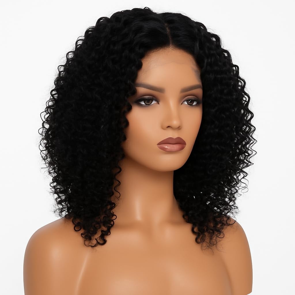 CABELLO 16 Inch Curly Human Hair Wig for Women, Natural Brown 4x4 Lace ...