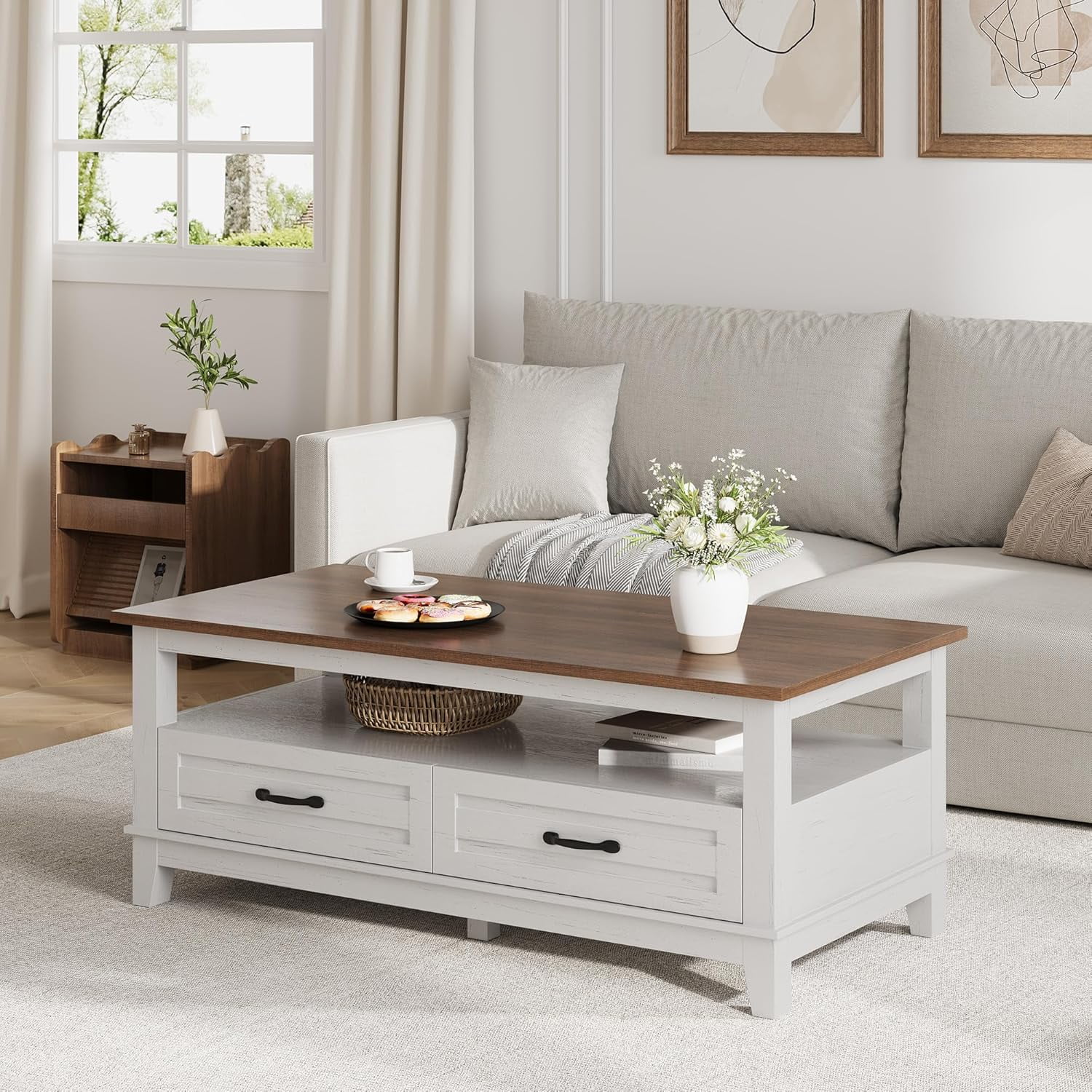CABIHOME 47.24" Farmhouse Coffee Table with Drawers, Rustic Coffee ...