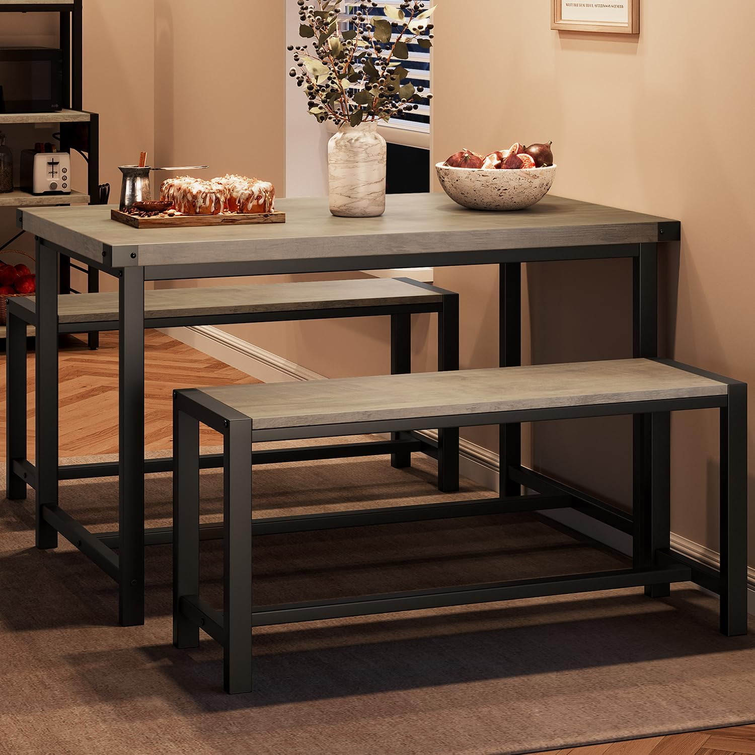 CABIHOME Dining Table and 2 Benches with Corner Protector, Dining Table ...