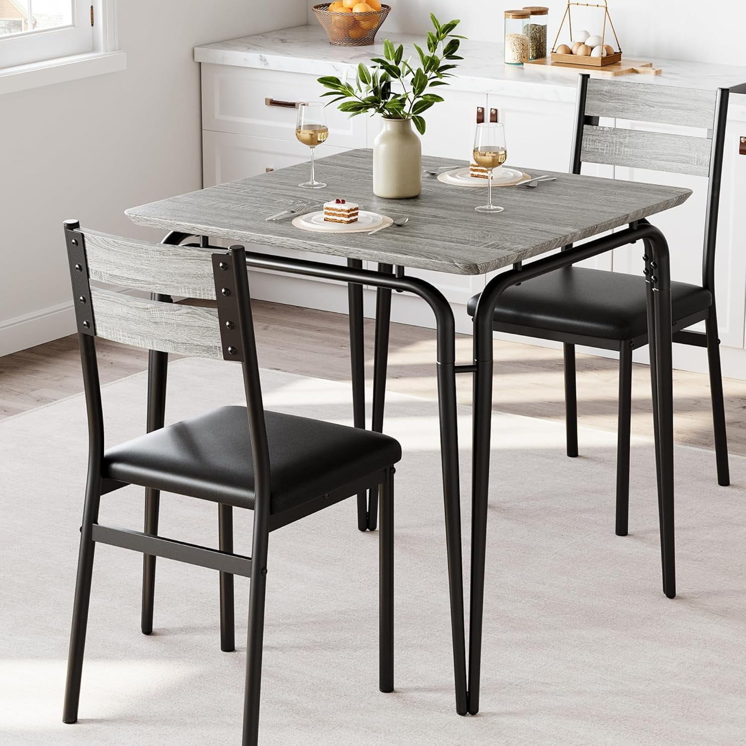 CABIHOME Dining Table Set for 2, Kitchen Table with Upholstered Chairs ...
