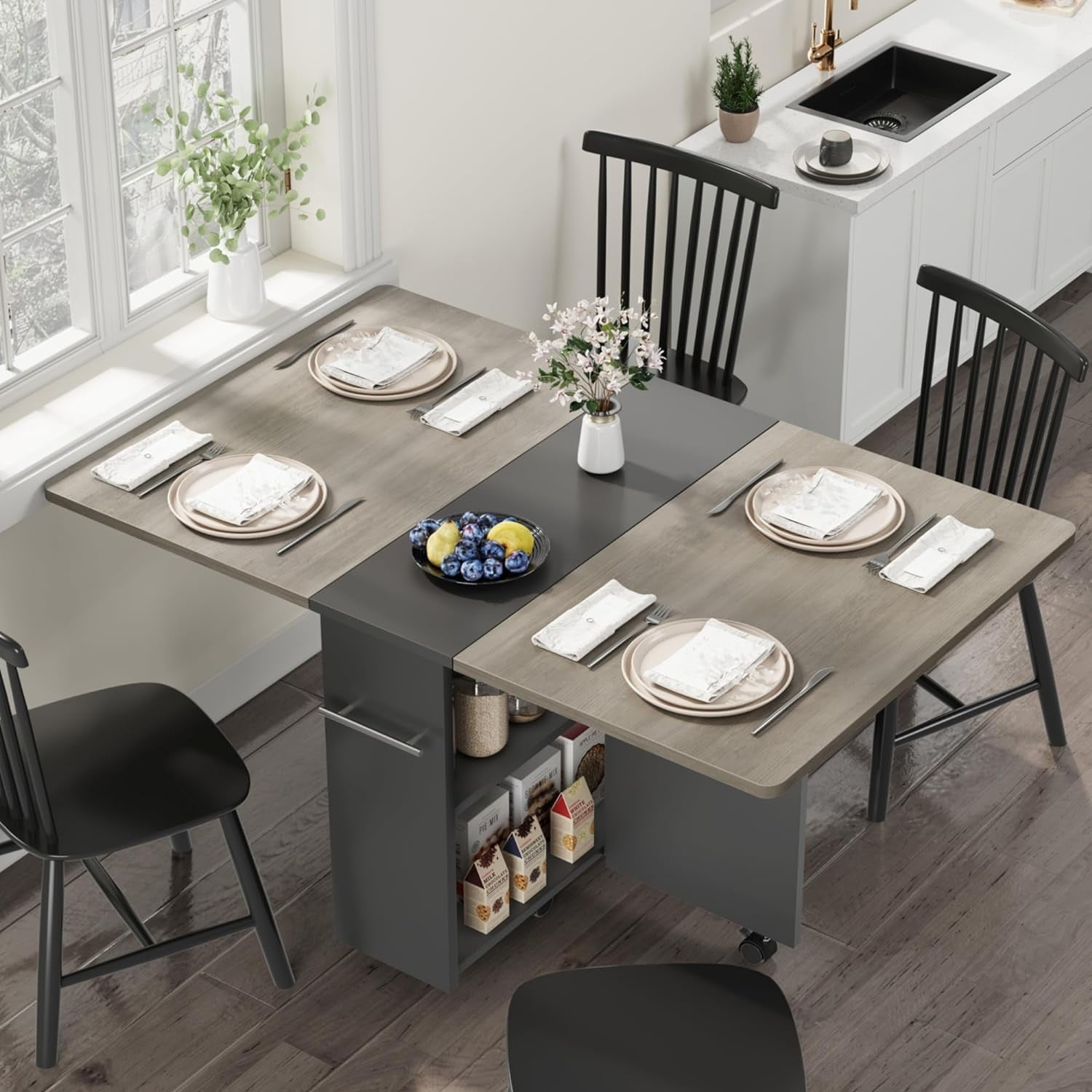 CABIHOME Folding Dining Table with 2 Tier Storage-Extendable Drop Leaf ...