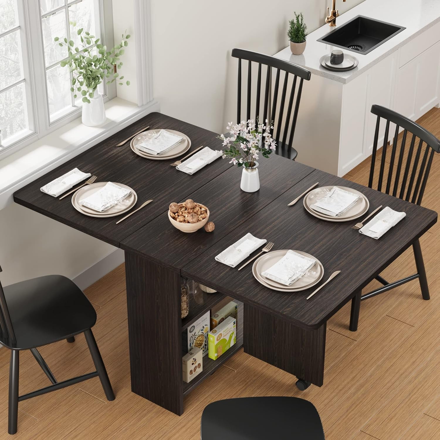 CABIHOME Folding Dining Table with 2 Tier Storage-Extendable Drop Leaf ...