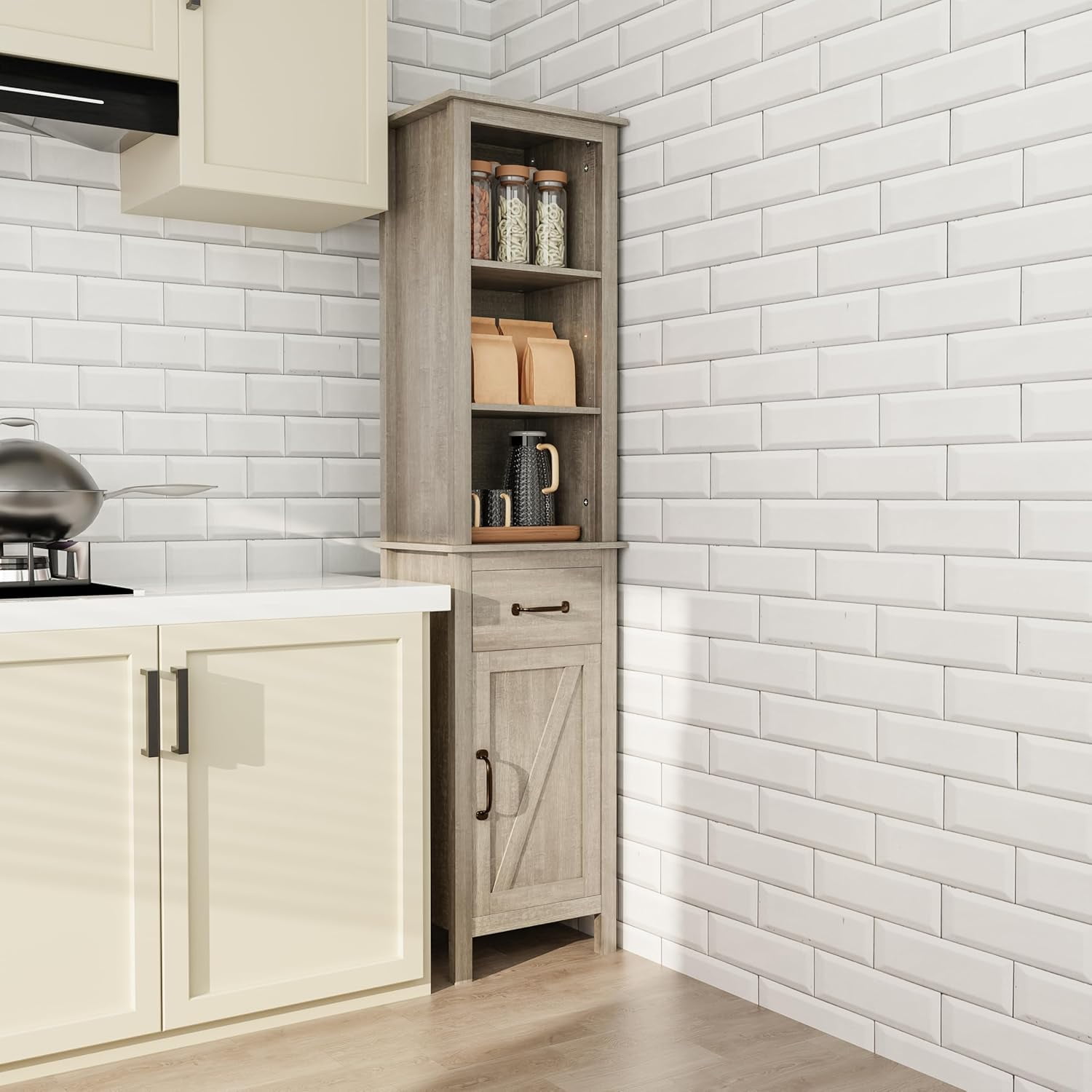 CABIHOME Tall Bathroom Cabinet, Narrow Bookscase with Drawer and Barn Door, Storage Cabinet with ...