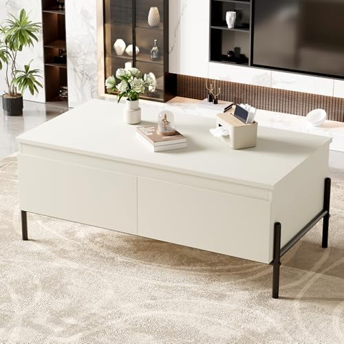 CABIHOME White Coffee Table with Drawers, Center Table Rectangle Coffee ...