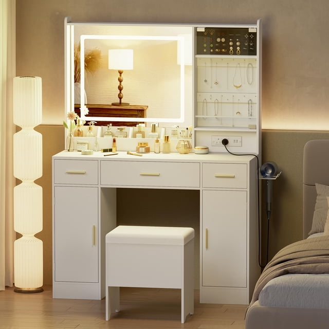 CABINAHOME Makeup Vanity Desk with Mirror and Lights, Jewelry display ...