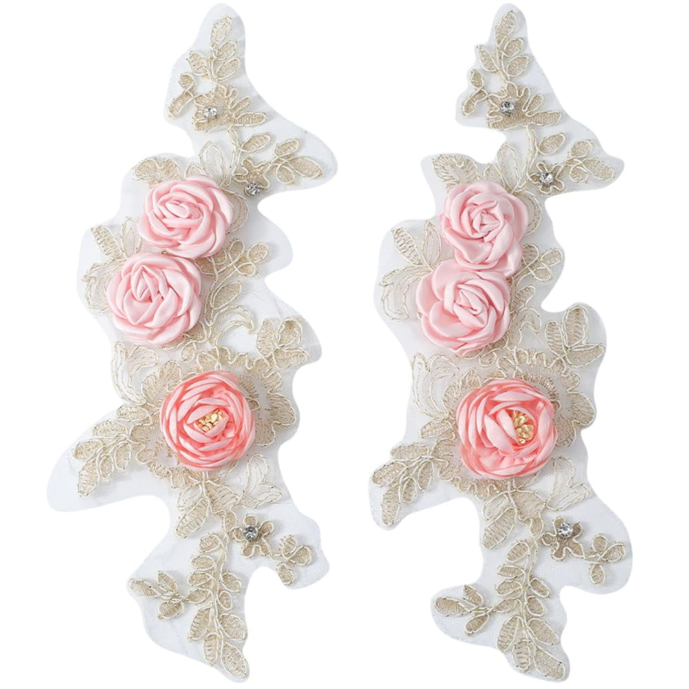 CABODYALS 2Pcs Pink Flower Applique 3D Floral Polyester Embroidery ...