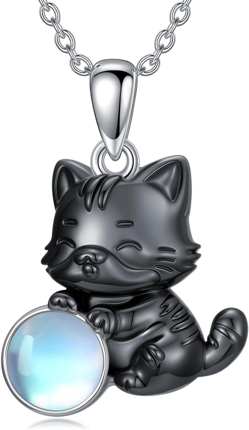 CACA LADY Black Cat Necklace 925 Sterling Silver Moonstone Cat Pendant ...