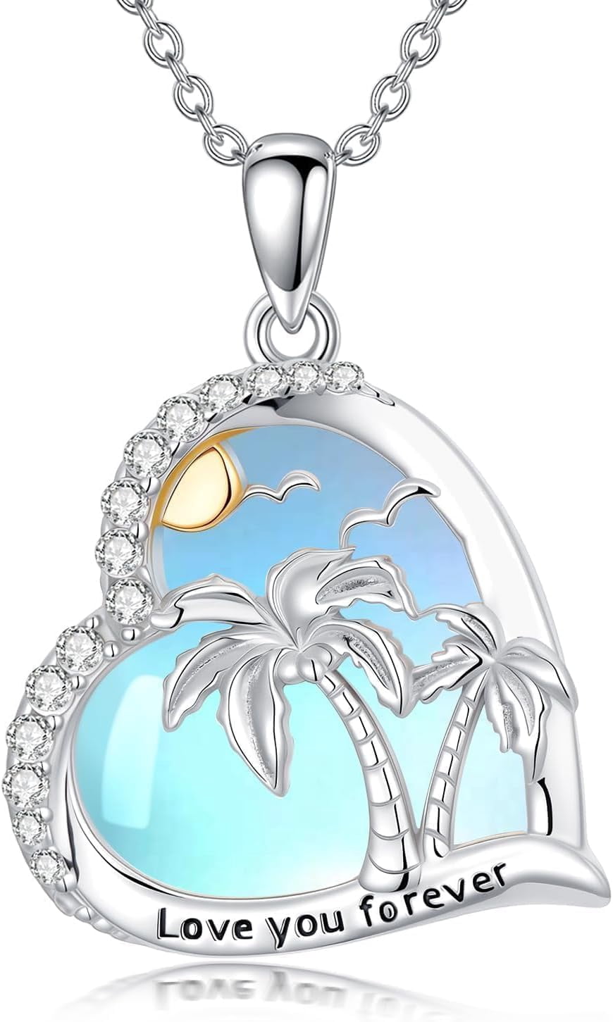 CACA LADY Palm Tree Necklace 925 Sterling Silver Heart Moonstone ...