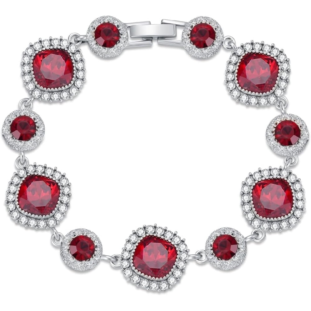 CACA LADY Red Gem Bracelet for Women White Gold Cushion Cut Crystal ...
