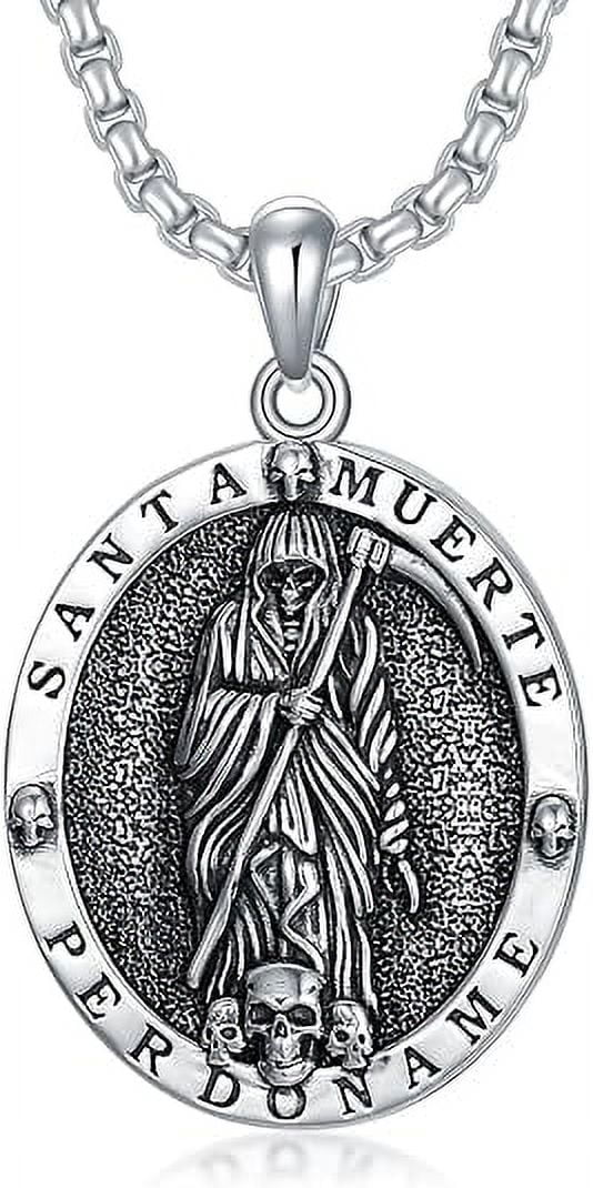 CACA LADY Santa Muerte Necklace for Men Sterling Silver Grim Reaper ...
