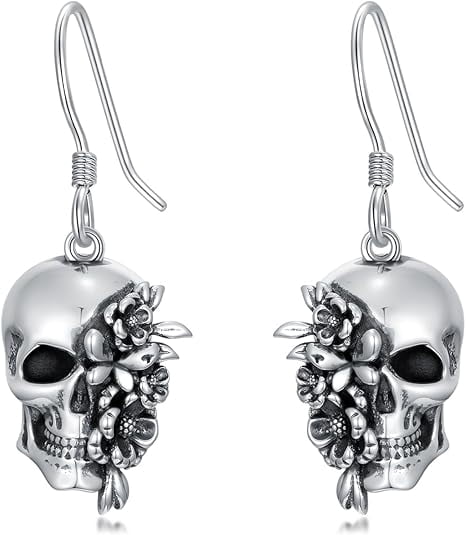 CACA LADY Skull Earrings 925 Sterling Silver Goth Skull Bone Rose Drop ...