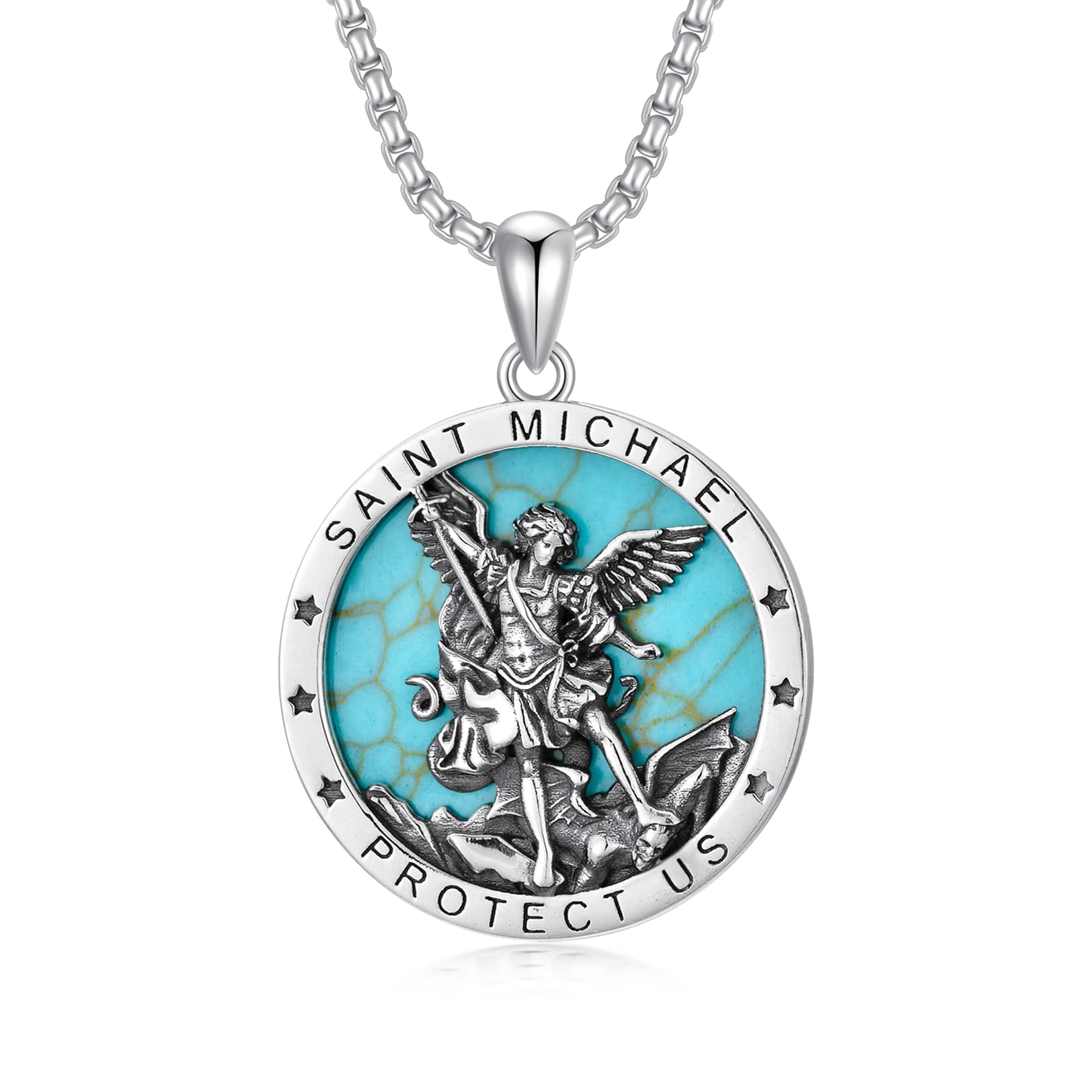 CACA LADY Turquoise Saint Michael Necklace 925 Sterling Silver Patron ...