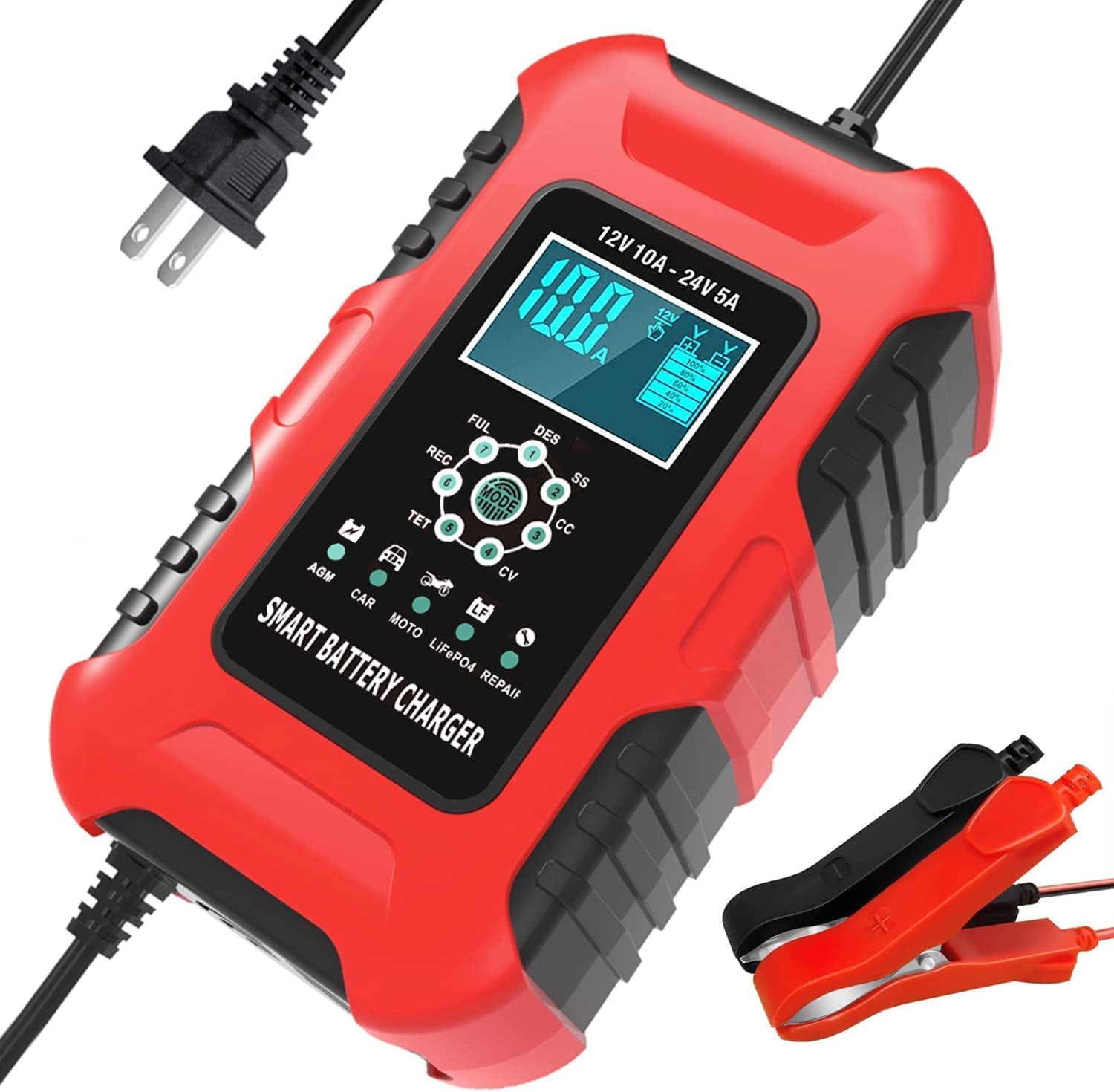 CACHOR 10-Amp Battery Charger, 12V/10A 24V/5A Smart Automatic ...