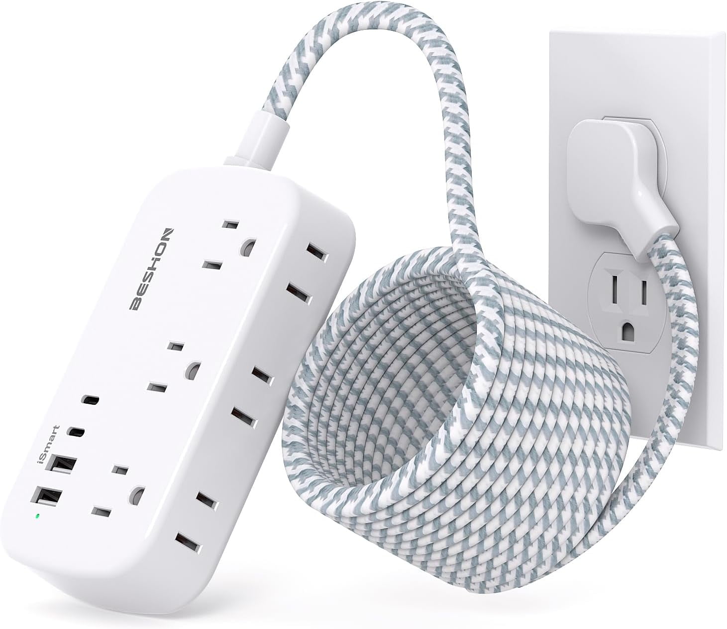 CACOCO-15Ft Flat Extension Cord, Flat Plug Power Strip With Usb C ...