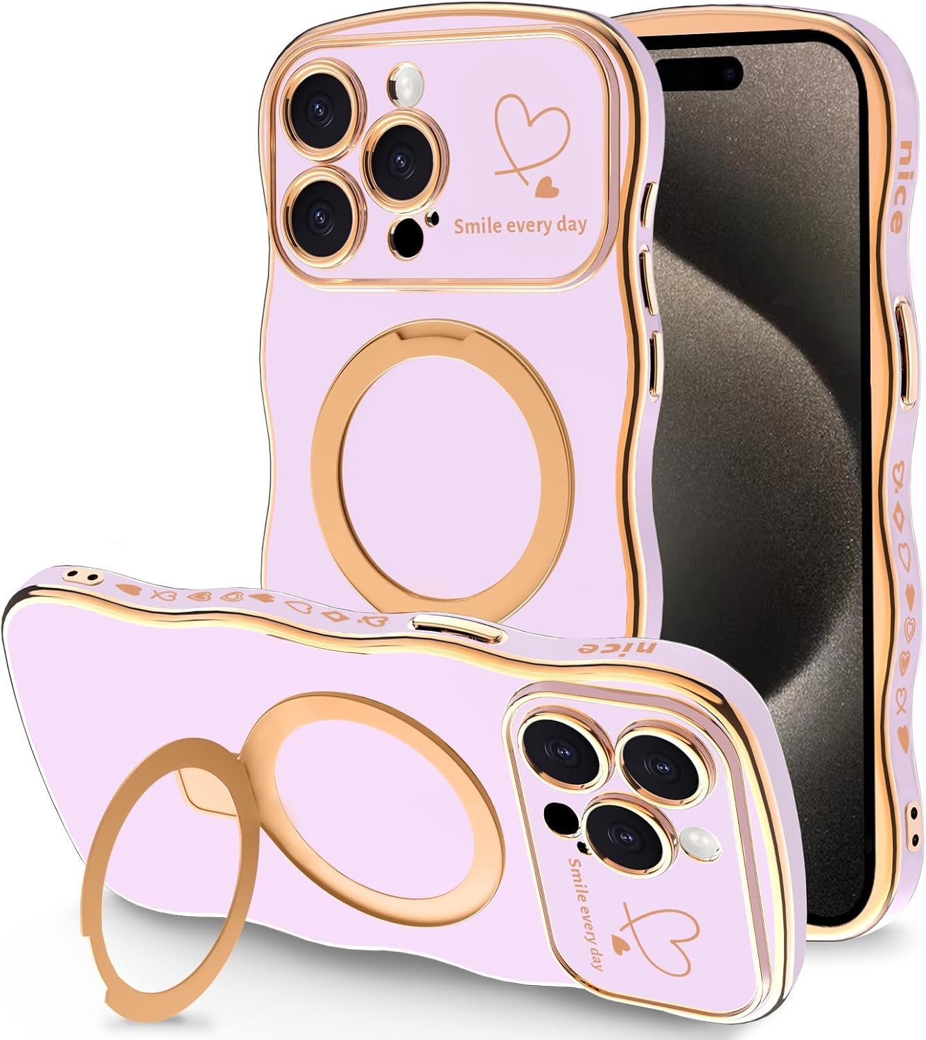 CACOCO-Case For Iphone 15 Pro Max With Magnetic Stand, Luxury Plating Curly Wavy Frame And Cute ...