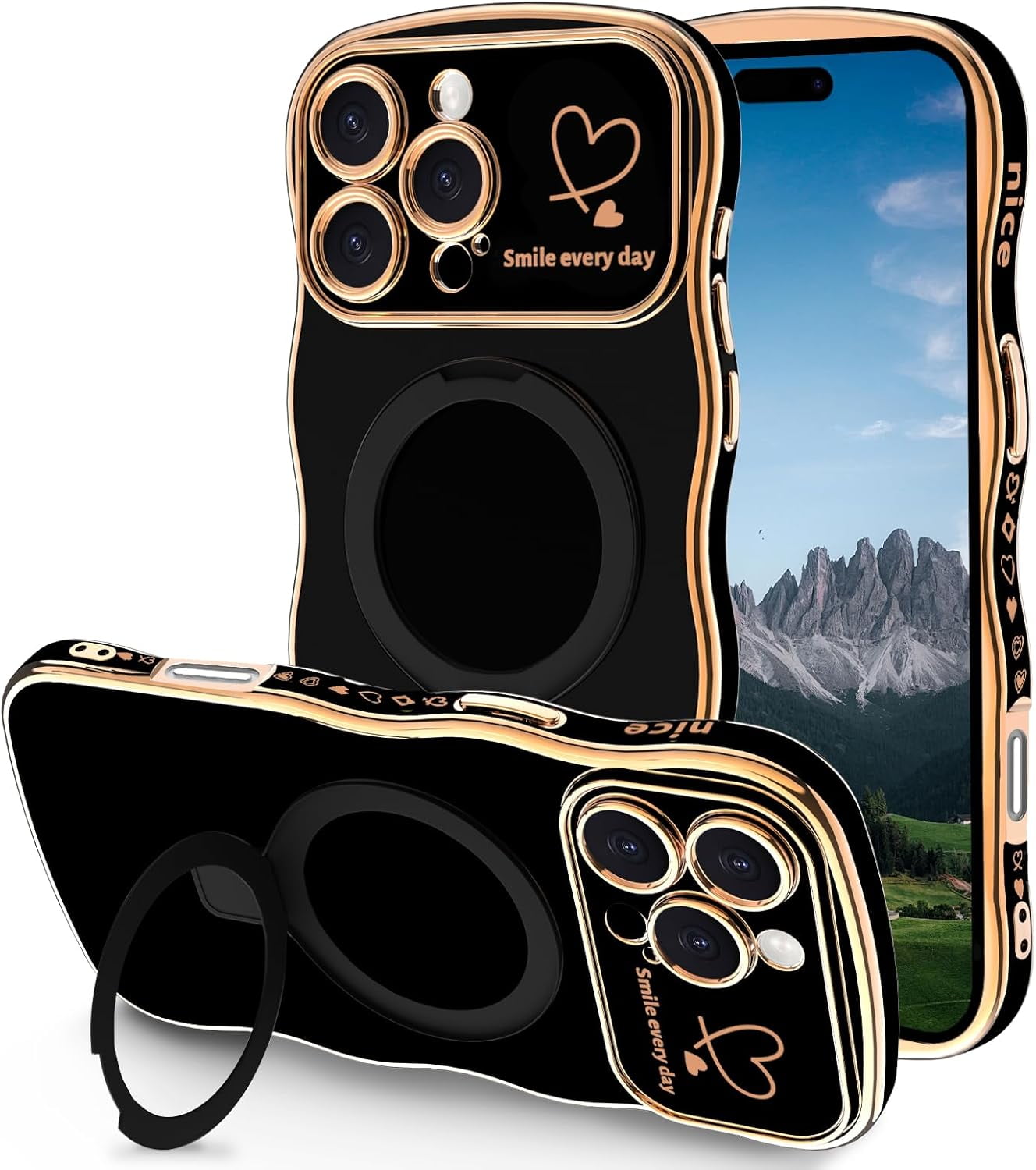 CACOCO-Case For Iphone 16 Pro Max With Magnetic Stand, Luxury Plating Curly Wavy Frame And Cute ...