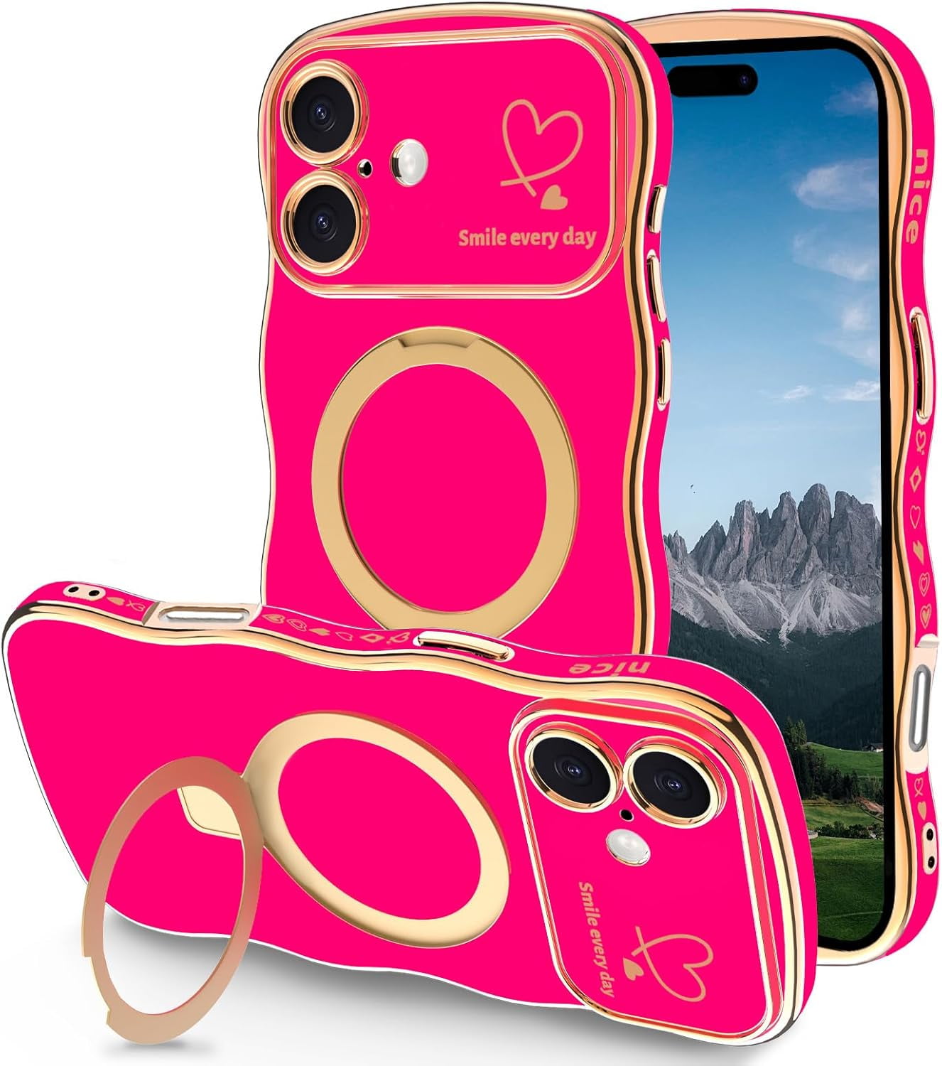 CACOCO-Case For Iphone 16 With Magnetic Stand, Luxury Plating Curly Wavy Frame And Cute Heart ...