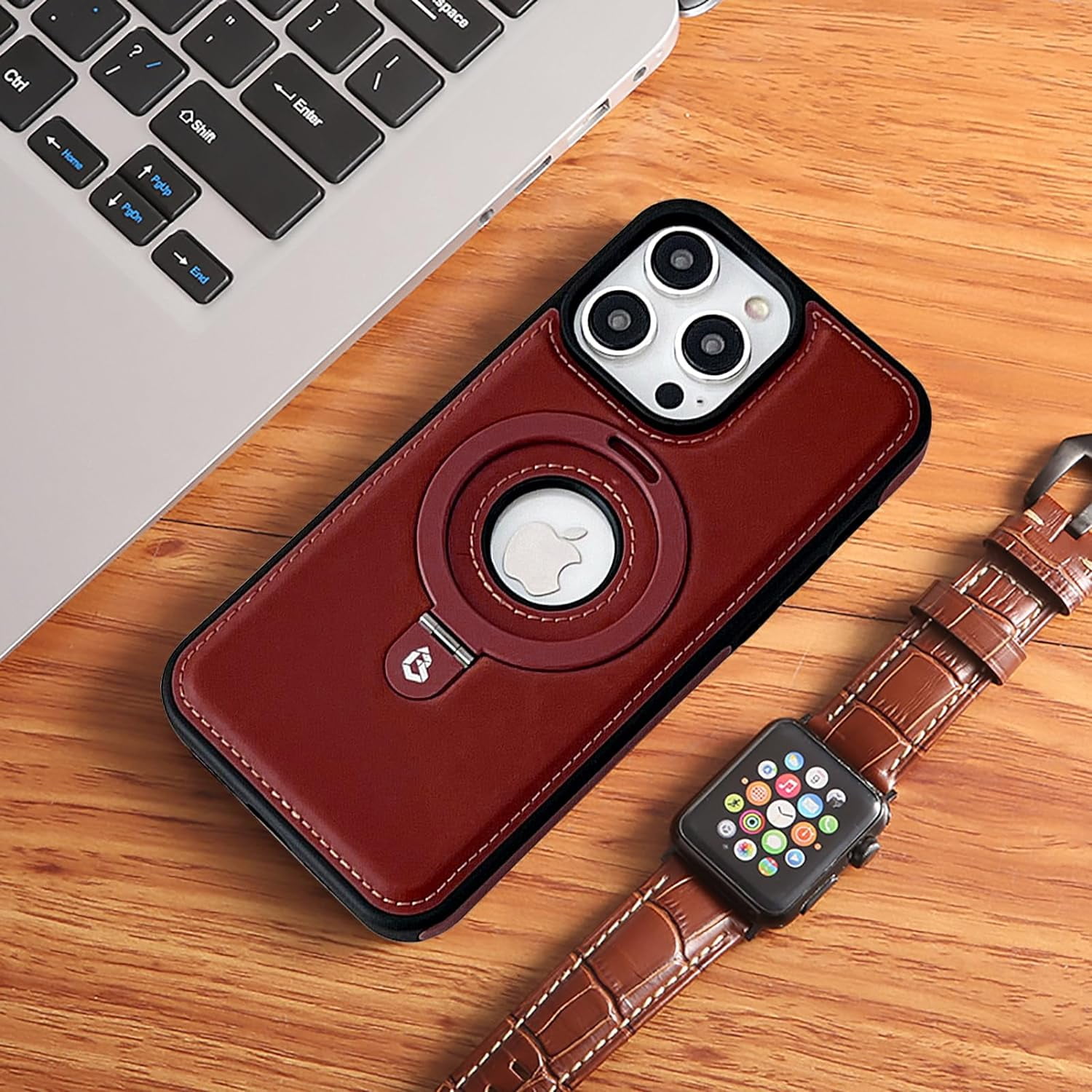 CACOCO-Compatible For Iphone 16 Pro Max Leather Material Case, Metal Magnetic Folding Stand Case ...