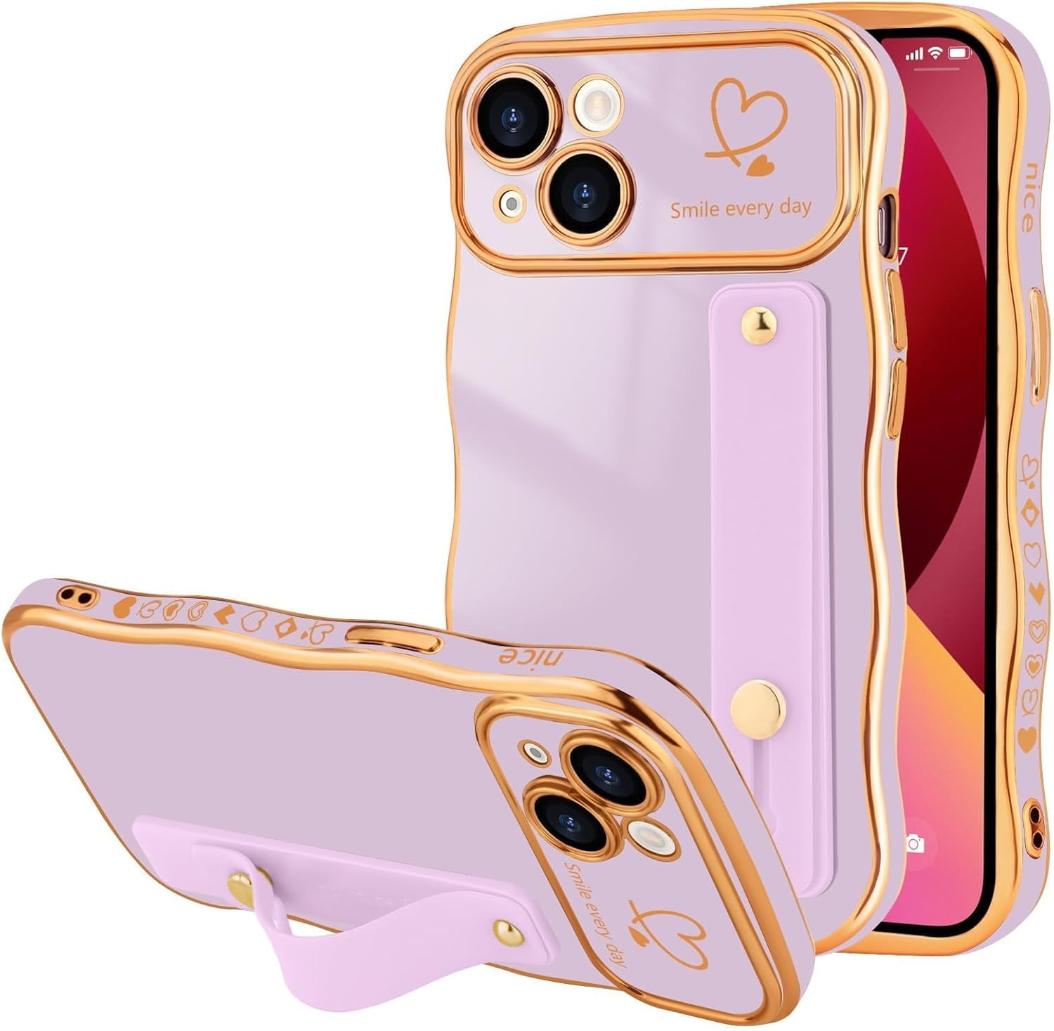 CACOCO-For Iphone 13 Case For Women Girls With Strap, Wave Frame Cute Love-Heart Plating Luxury ...