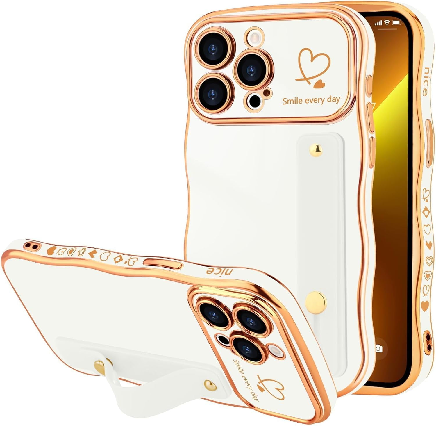 CACOCO-For Iphone 13 Pro Max Case For Women Girls With Strap, Wave Frame Cute Love-Heart Plating ...