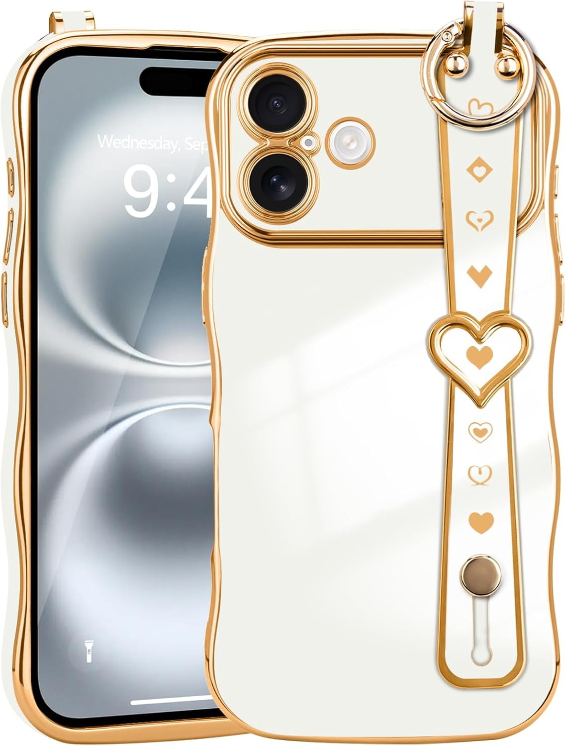 CACOCO-For Iphone 16 Case For Women Girls, Wave Frame With Strap Cute Love-Heart Luxury Plating ...