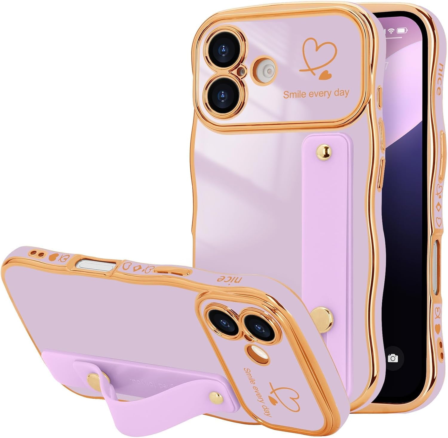 CACOCO-For Iphone 16 Case For Women Girls With Strap, Wave Frame Cute Love-Heart Plating Luxury ...