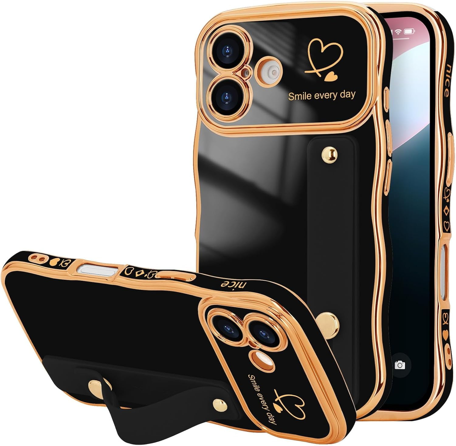 CACOCO-For Iphone 16 Case For Women Girls With Strap, Wave Frame Cute Love-Heart Plating Luxury ...