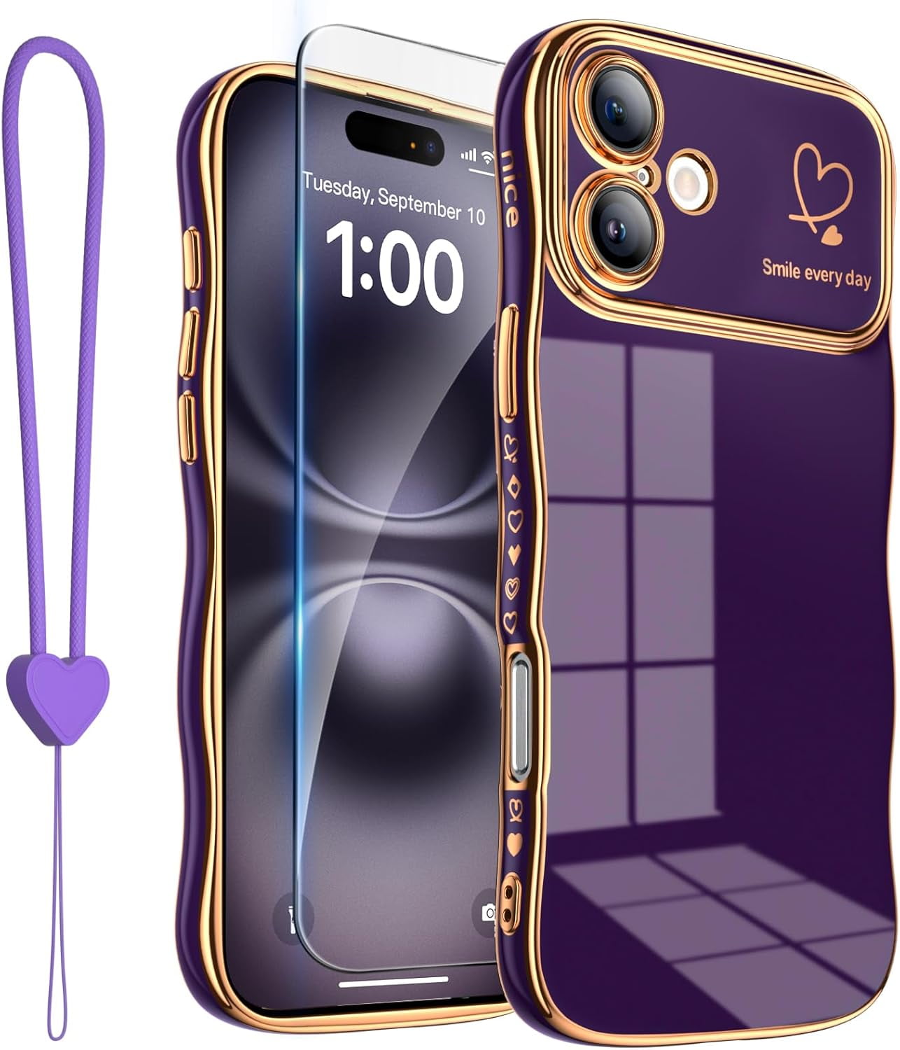 CACOCO-For Iphone 16 Case Wave Frame With Screen Protector Wrist Strap, Women Girls Cute Plating ...