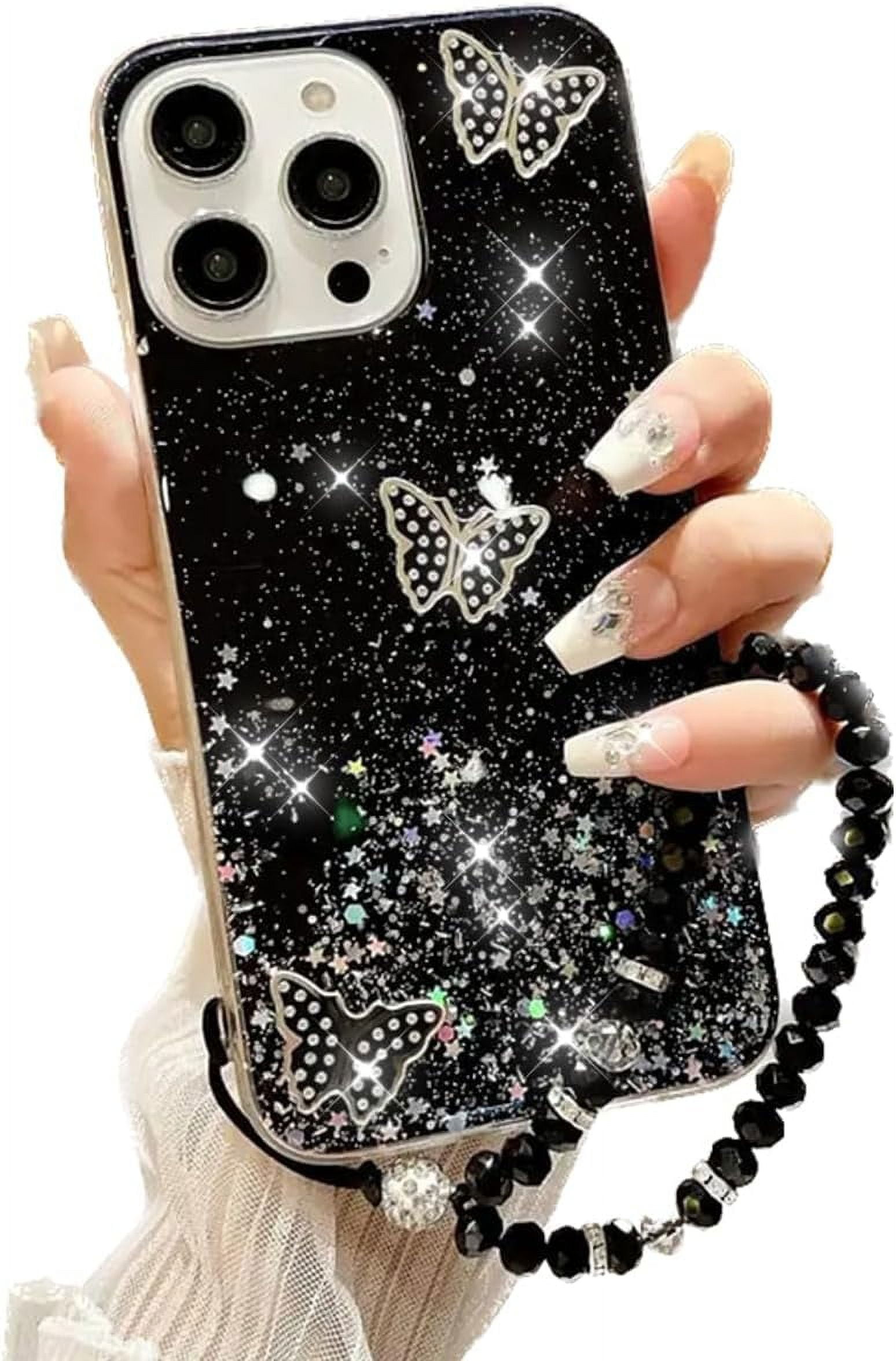 CACOCO-For Iphone 16 Pro Max Bling Case With Lanyard, Cute 3D Butterfly Glitter Soft Tpu Woman ...
