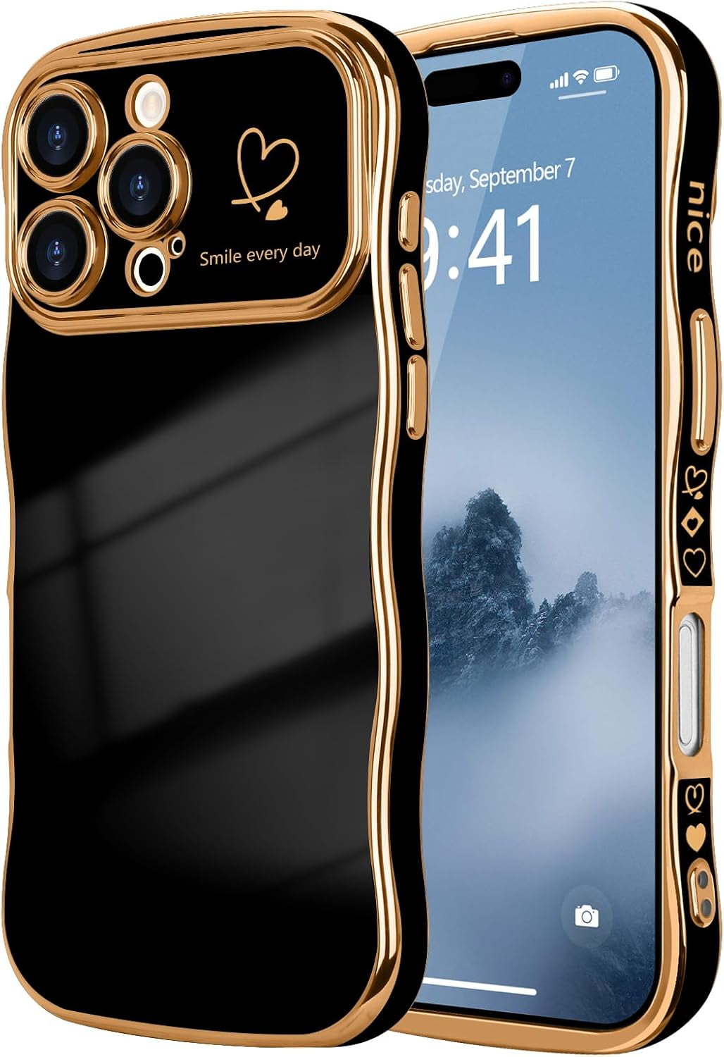 CACOCO-For Iphone 16 Pro Max Case For Women Girls, Cute Wave Frame Curly Shape With Love Heart ...