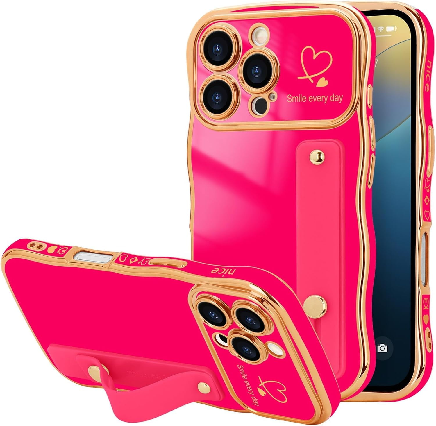 CACOCO-For Iphone 16 Pro Max Case For Women Girls With Strap, Wave Frame Cute Love-Heart Plating ...