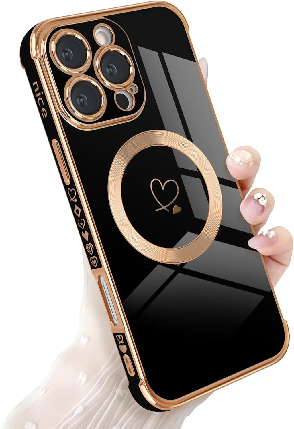 CACOCO-For Iphone 16 Pro Max Magnetic Case, Luxury Cute Love Heart Pattern Plating Edge Case For ...