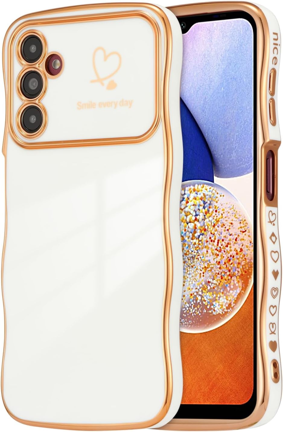 CACOCO-For Samsung Galaxy A14 4G/5G Case 6.6 Inch,Cute Curly Wave Frame Case With Love Heart ...