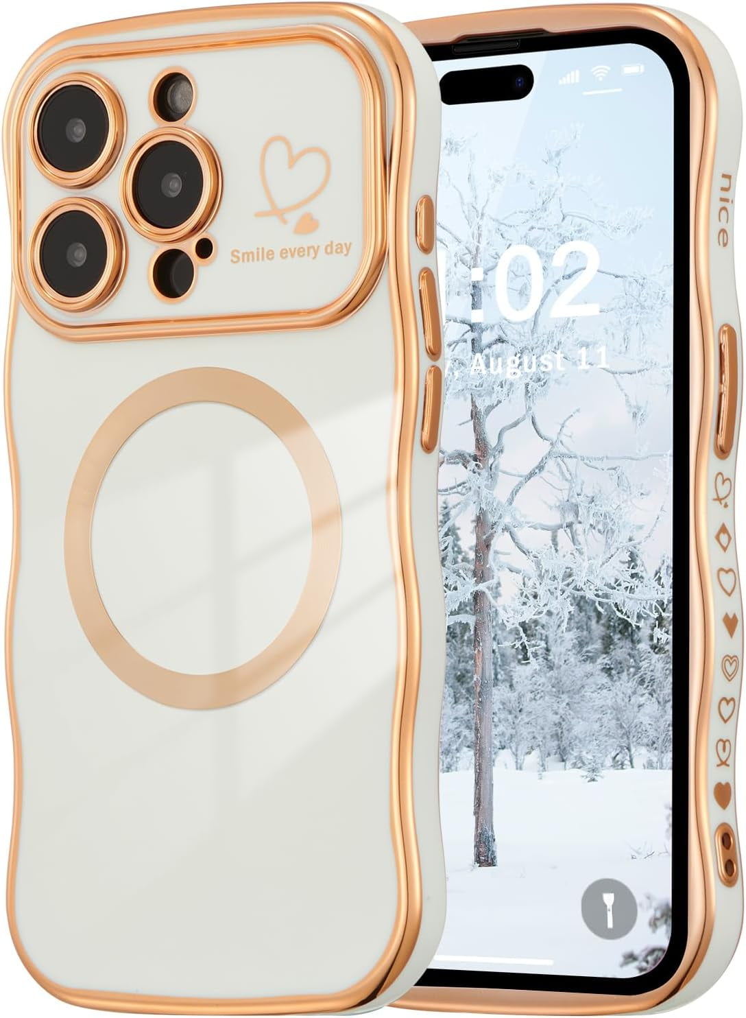 CACOCO-Magnetic Case For Iphone 16 Work With Magsafe, Curly Wave Shape Plating Frame Cute Love ...