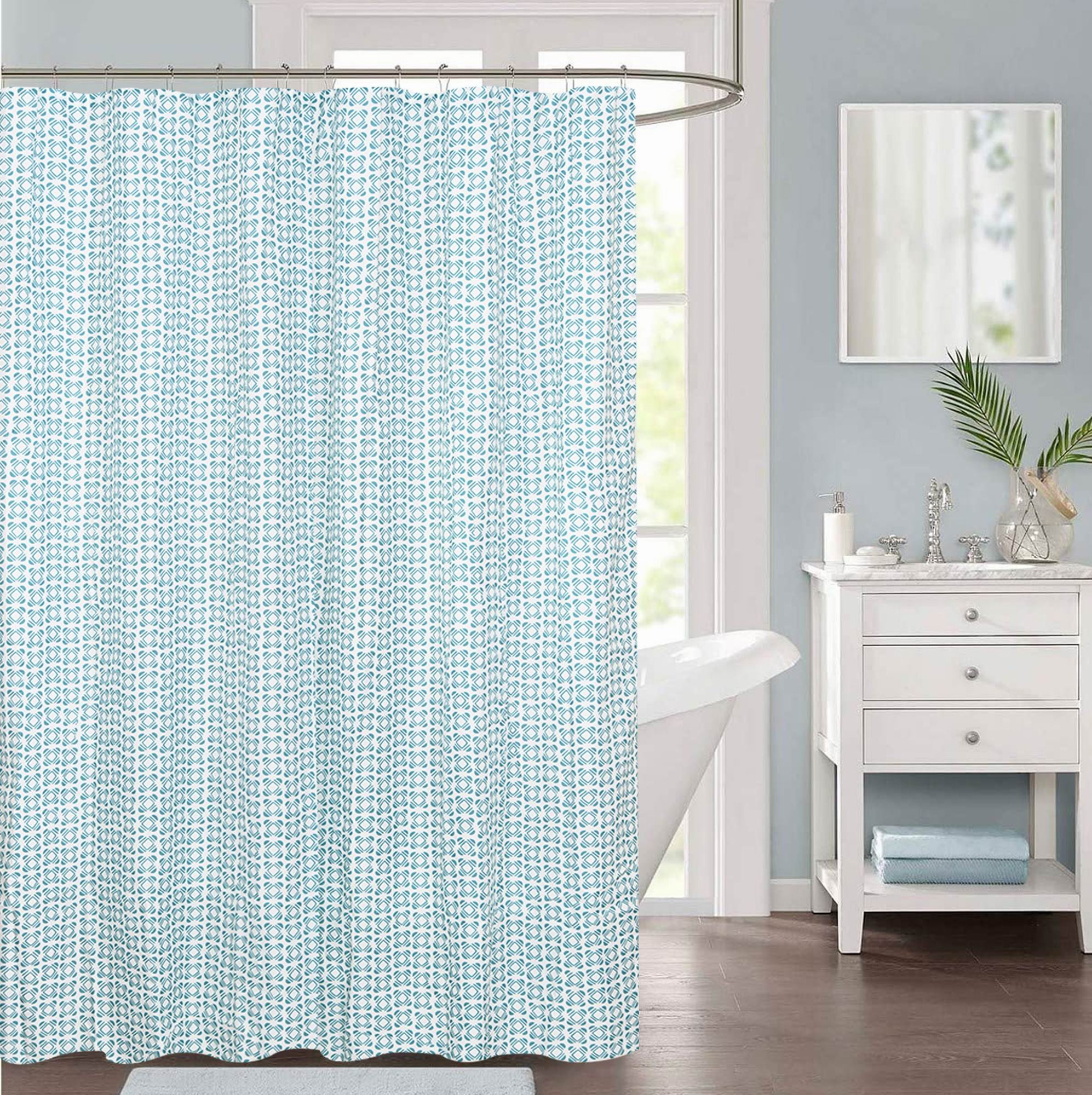 CADDY MAPPING AQUA DECORATIVE FABRIC SHOWER CURTAIN WITH 12 METAL ...