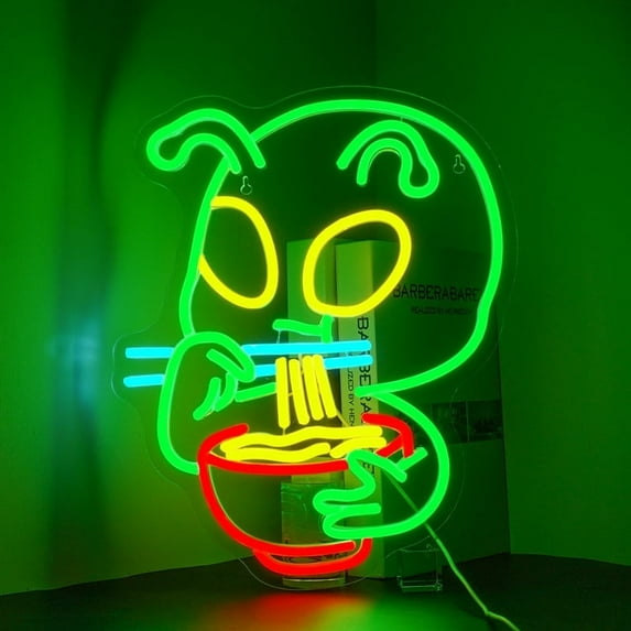 CADODIS Alien Neon Sign Green Alien LED Light Eating Noodles for ...