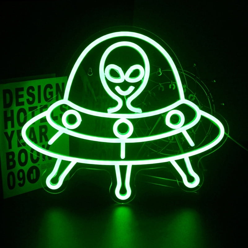 CADODIS Alien Neon Sign UFO LED Light Up Green Alien Flying Saucer Wall ...