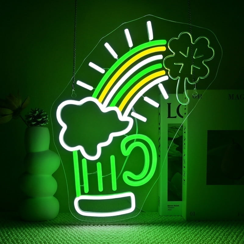 CADODIS Lucky Clover Rainbow Beer Mug Neon Sign USB Powered Bar Pub Man ...